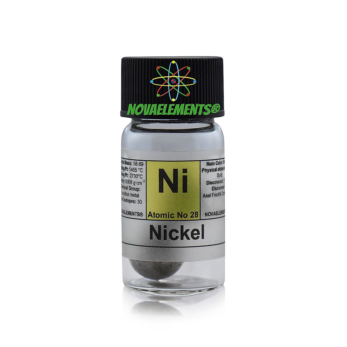 Metallic Nickel Element 28 Ni, 99.9% Spheres> 10 Grams in Glass Vial with Label