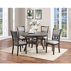 Lepfun Contemporary 5pc Set Round Table with 4X Side Upholstered Chairs with Backrest,Grey Finish Rubberwood Unique Design Funiture for Dining, Resturant and Living Room,Gray