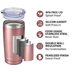 SUNWILL 20oz Tumbler with Lid, Stainless Steel Vacuum Insulated Double Wall Travel Tumbler, Durable Insulated Coffee Mug, Rose Gold, Thermal Cup with Splash Proof Sliding Lid