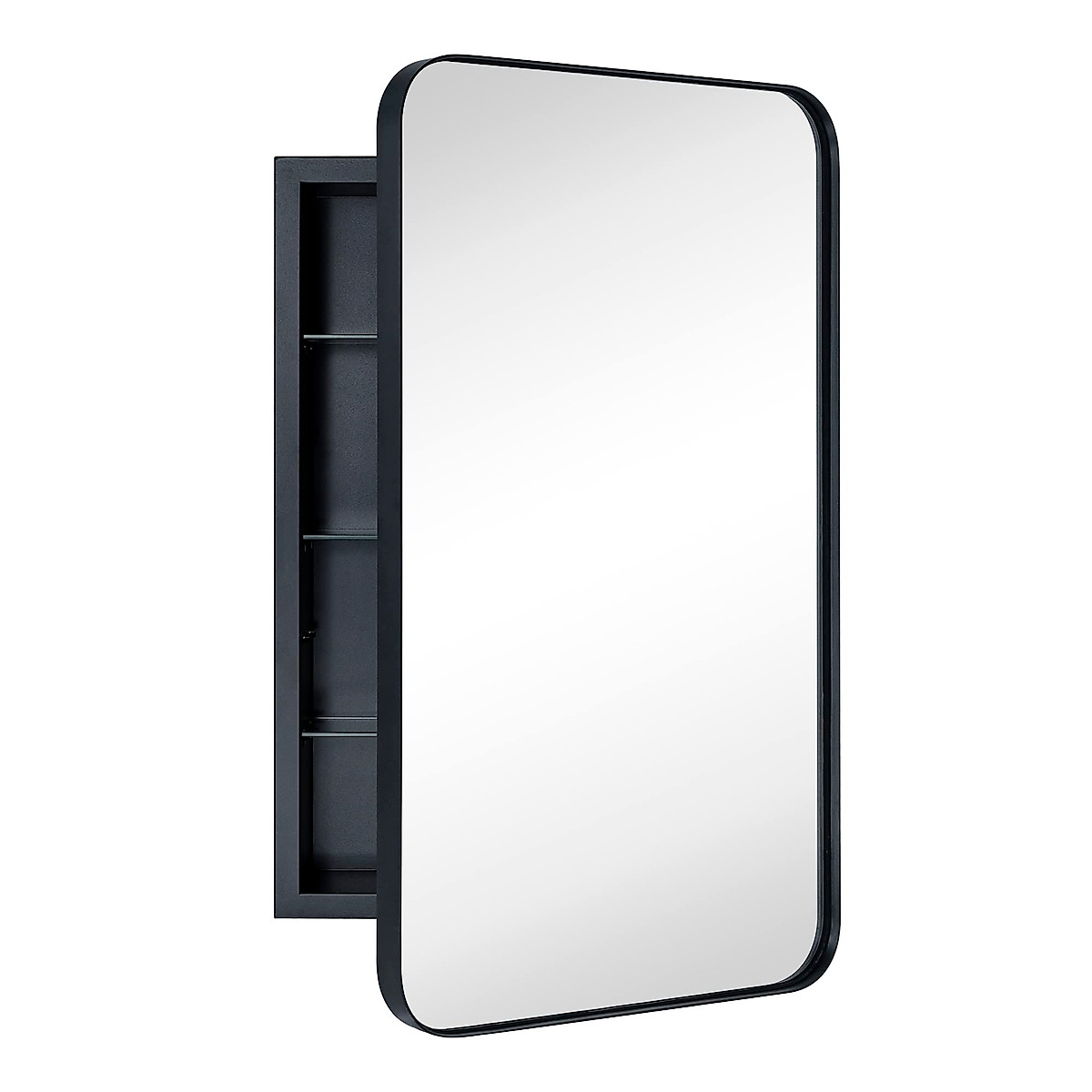 EGHOME Matt Black Rectangle Recessed Bathroom Medicine Cabinet with Mirror Stainless Steel Metal Framed Rounded Rectangular Bathroom Cabinet with Mirror 16.5x27.5''