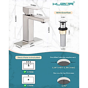 KUZOR Bathroom Faucets Single Hole, Brushed Nickel Bathroom Sink Faucet One Hole 1 Handle, 304 Stainless Steel Modern Faucet for Bathroom Sink Square