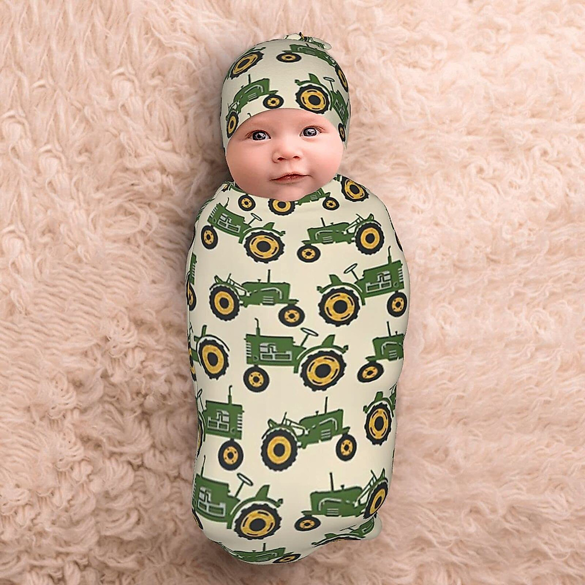 XIAOMAO Tractor Car Baby Swaddle Cocoon Sack,The Simple Swaddle with Beanie Set ,Soft Stretchy Comfortable Receiving Blanket for Infants & Newborns 0-6 Months, One Size