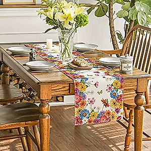 Artoid Mode Bloom Flowers Daisy Butterfly Spring Table Runner, Seasonal Holiday Kitchen Dining Table Decoration for Home Party Indoor 13x120 Inch