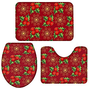 Bathroom Rugs, Memory Foam Bath Mat Bathroom Set, Plant and Snowflake Christmas Theme Red Bath Rugs Bathroom Accessories, Home Decor Non-Slip Absorbent Soft Bath Mats for Bathroom, Tub, 3 Pieces