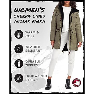CANADA WEATHER GEAR Women's Winter Coat -Long Length Sherpa Lined Anorak Parka - Outerwear Windbreaker Jacket for Women, S-XL, Size Medium, Sage