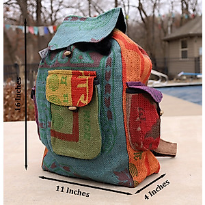 DharmaObjects Lungta Recycled Jute Rice Bag Backpack Hand Made Nepal Multi Color