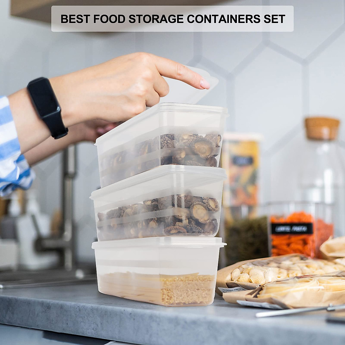 Songaa Pasta Storage Containers with Lids 3PCS, Kitchen Plastic Food Storage Containers for Pantry, BPA Free Pasta organizer for Cereal, Nuts, Eggs, Spaghetti Containers for Organizing Pantry