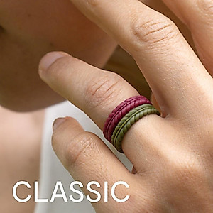 ROQ Silicone Rubber Wedding Ring for Women, Thin Braided Point Stackable Rubber Silicone Wedding Band, Bridal Jewelry Set, 2.55mm Wide 2mm Thick, 8 Pack, Black, White, Bordeaux, Dark Blue, Size 6