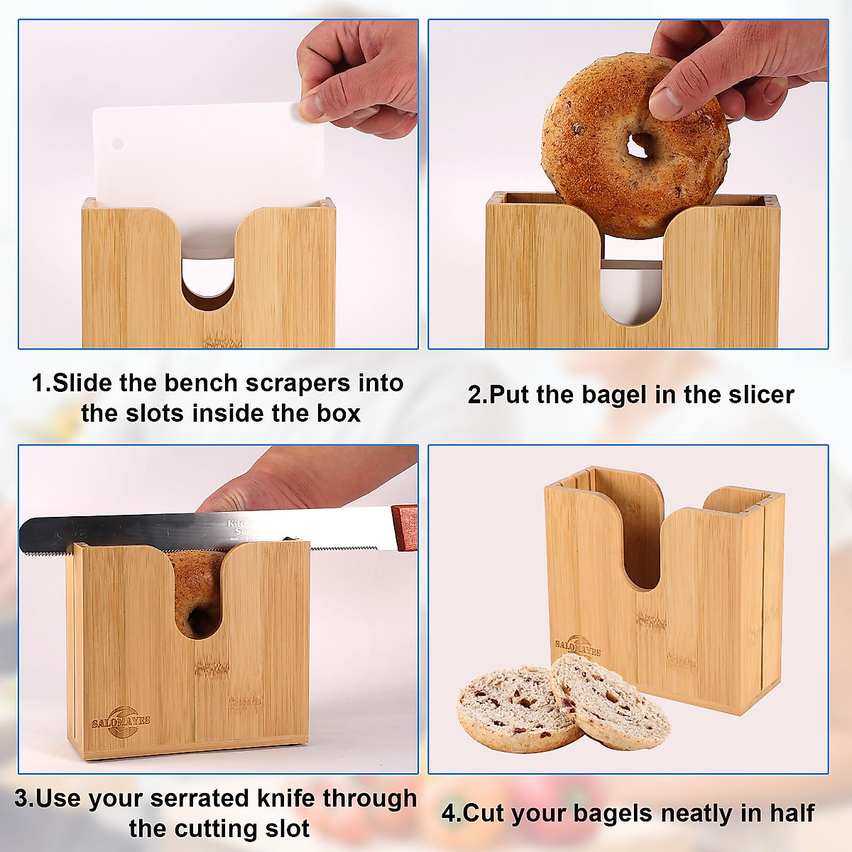 salomayes Bagel Cutter Slicer For Small And Large Bagels, Bagel Slicer Guillotine, Adjustable Bamboo Bagel Slicer With Non-Slip Pads