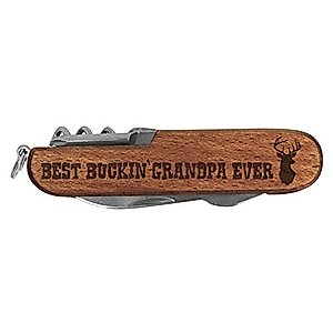 Grandpa Knife Best Buckin' Grandpa Ever Laser Engraved Dark Wood 6 Function Multitool Pocket Knife