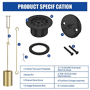 Tub Drain Linkage Assembly with Trip Lever and Strainer Done Cover, Trip Lever Overflow Faceplate Trim Kit with Screws, Fit for Trip Lever Bath Tub Waste and Overflow Drain(Matt Black)
