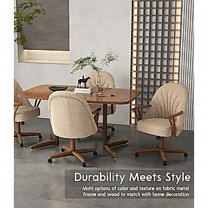 Chromcraft Set of 4 Caster Swivel Tilt Dining Chairs, Luxe Casual Wooden Arm All-Metal Pedestal Base Chairs with Rolling Wheels for Kitchen(Fonzo Marble-Medium Oak)
