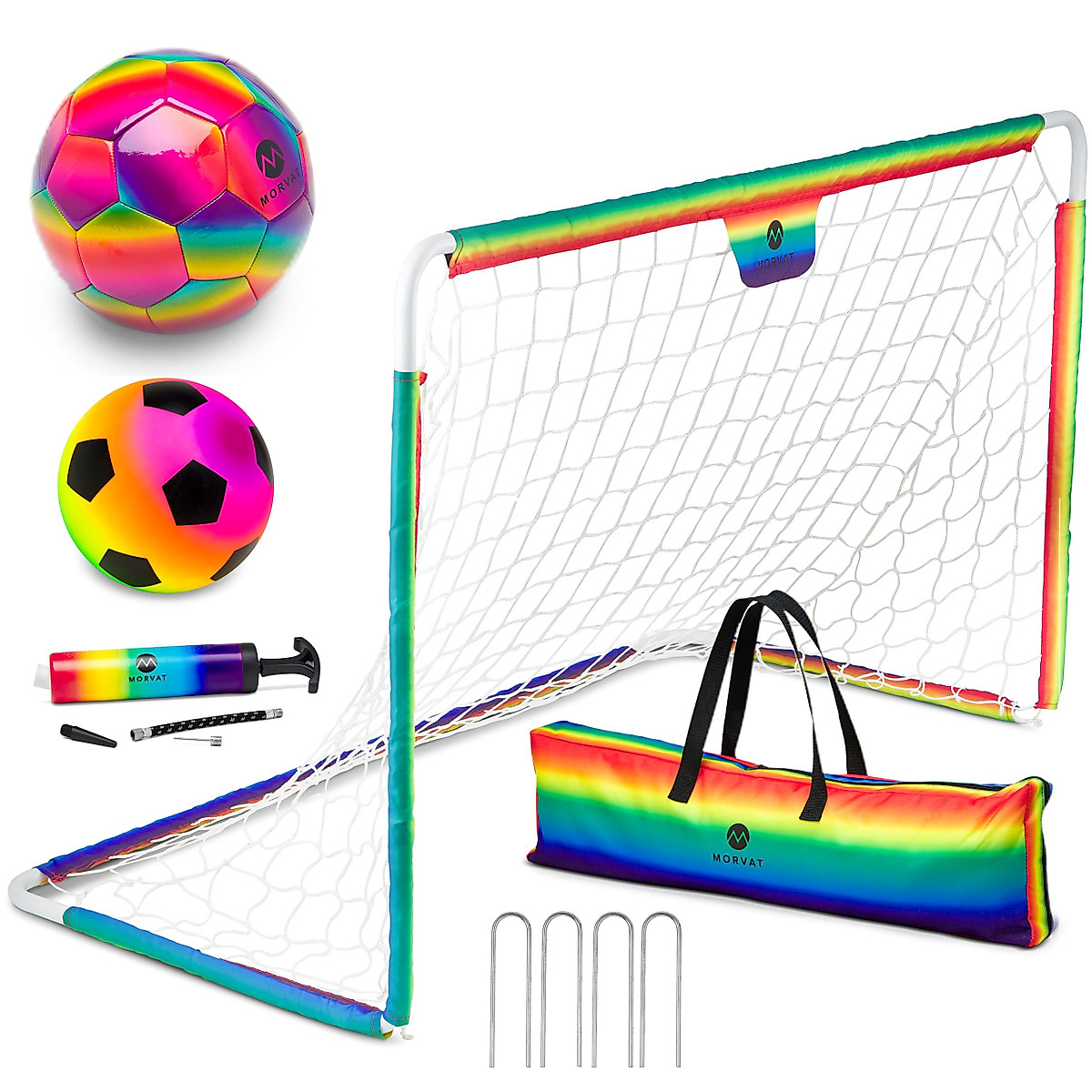 Morvat Kids Metal Poles Soccer Goal Set Portable Lightweight Training Equipment Backyard & Indoors Premium 48”x30” Net + 2 Size Soccer Balls + Ball Pump + Storage Bag – Color: Rainbow