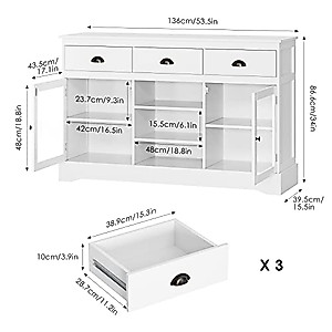 FOTOSOK Modern Buffet Sideboard Cabinet with 2 Glass Door, 3 Drawers and Adjustable Shelves, Kitchen Cupboard Console Table Coffee Bar Cabinet for Dining / Living Room