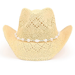 TOVOSO Western Cowgirl, Straw Cowboy Hat for Women with Shapeable Brim, Beaded Hearts Trim, Beige