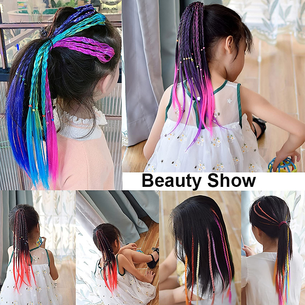 12 Pieces Colored Braids Hair Extensions with Rubber Bands Rainbow Braided Synthetic Hairpieces Ponytail Hair Accessories for Women Kids Girls Party Highlights Cosplay Dress Up