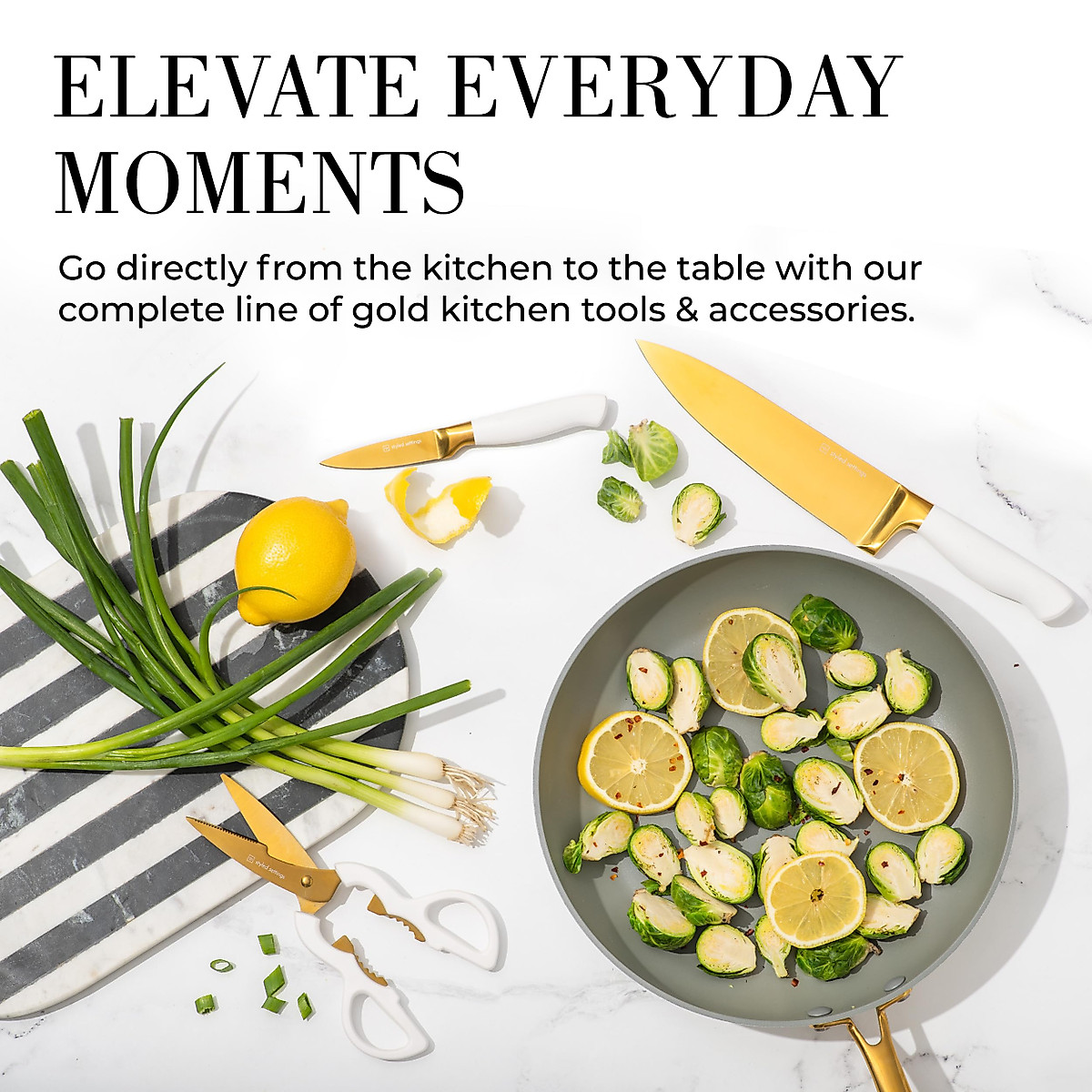 Gold Knife Set with Block Self Sharpening - 14 PC Luxurious Titanium Coated Gold and Off-White Kitchen Knife Set and White Knife Block with Sharpener, White and Gold Kitchen Accessories and Decor