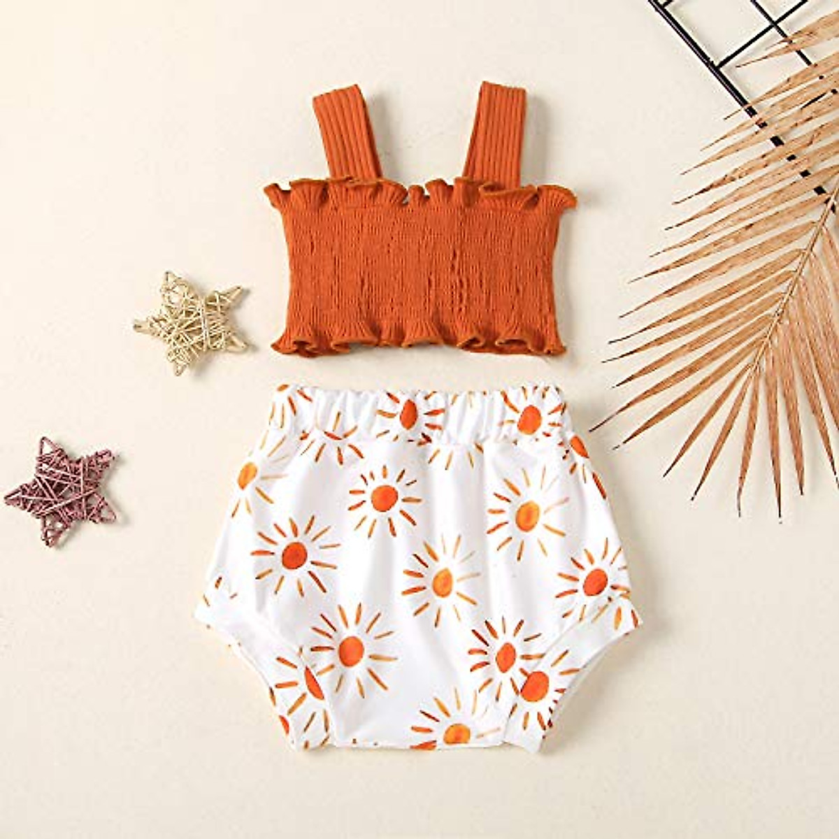 Toddler Girl Clothes Ribbed Bow Halter Crop Top Cute Tank Tops Rainbow Bloomers Shorts Baby Girl Summer Outfit (Brown-Sun, 12-18 Months)