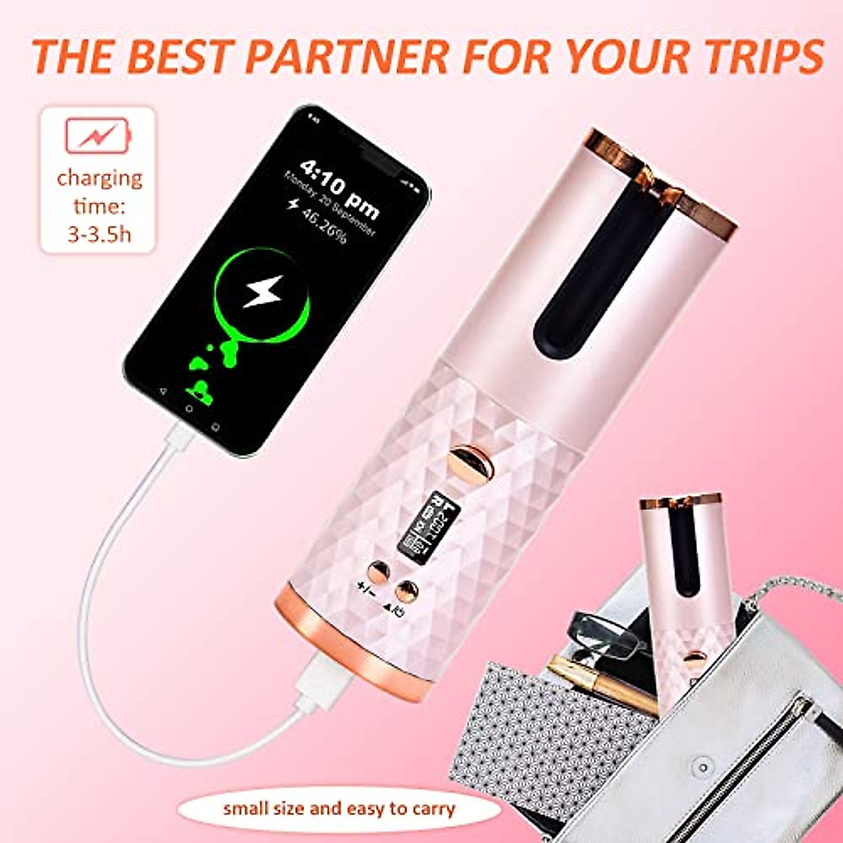 Automatic Curling Iron, Cordless Ceramic Barrel Wave Wand, Portable Cordless Auto Hair Curler with 4 Temps & 3 Timers, Fast Heating Rotating Rotating Curling for Long & Short Hair, Travel & Home Use