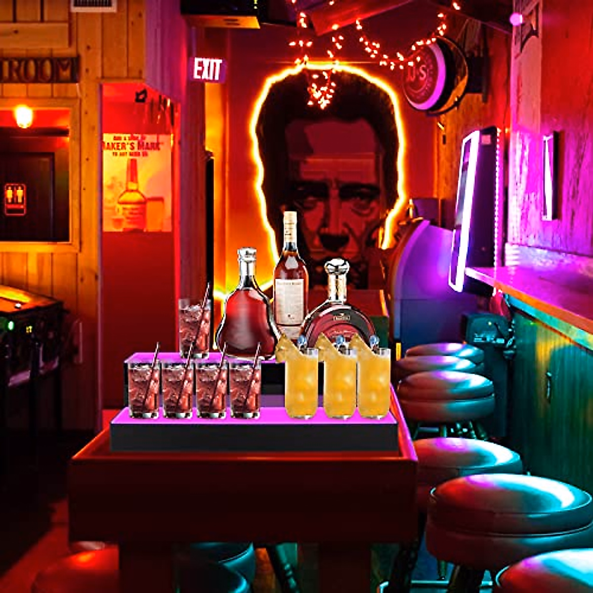 KERTY LED Lighted Liquor Bottle Display Shelf 20 Inch 2 Step Acrylic Lighted Mounted Wine Racks for Commercial Home Bar, Illuminated Bar Bottle Lighting Shelves with Remote and App Control