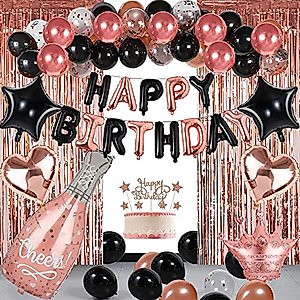 Rose Gold Black Happy Birthday Party Decorations for Women Girls, Decor Set for Her, Happy Birthday Banner, Foil Balloons, Fringe Curtains, Crown, Cake Topper for 13th 16th 18th 21st 30th 40th 50th