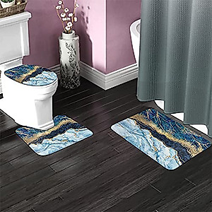 WONDERTIFY Blue Marble Bathroom Antiskid Pad Gold Foil and Glitter Marbling Wavy 3 Pieces Bathroom Rugs Set, Bath Mat+Contour+Toilet Lid Cover