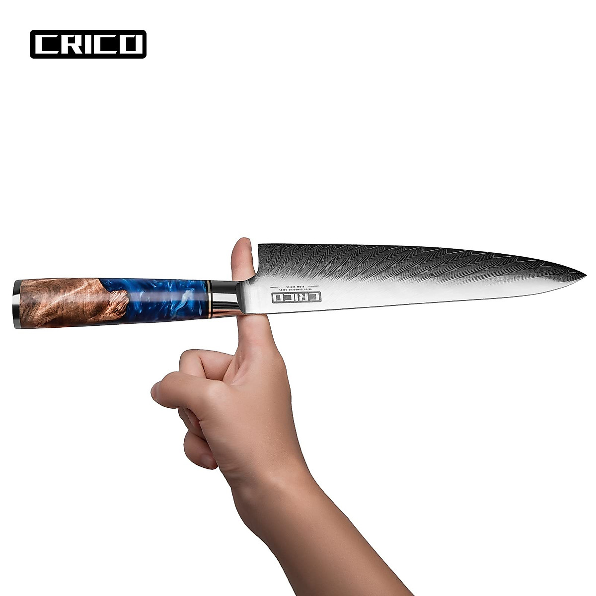 CRICO Damascus Chef Knife 8 inch, Professional Kitchen Knives with Sheath, Forged Japanese VG10 67-Layers Super Steel, Stable-Wood&Resin Handle, Razor Sharp, Gift Box - Flow Series