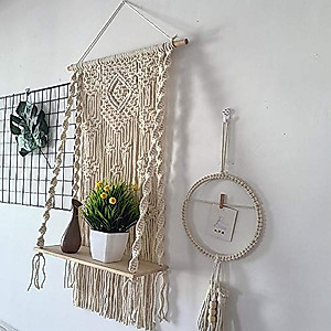 YuanKanJu Macrame Wall Hanging Shelf Bohemian Wall Decor Macrame Shelf Handmade Cotton Wood Hanging Shelf Organizer Hanger Bohemian Wall Decor Bohoboho Shelves (#4)