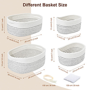 Baskets&Bins for Shelf Storage Organizing/Woven Baskets for Storage/Cotton Rope basket set of 4/Rectangle Toy Basket/Cute Storage for gift/for Bedroom with the Handle, Star Gauze, Ribbon (White)
