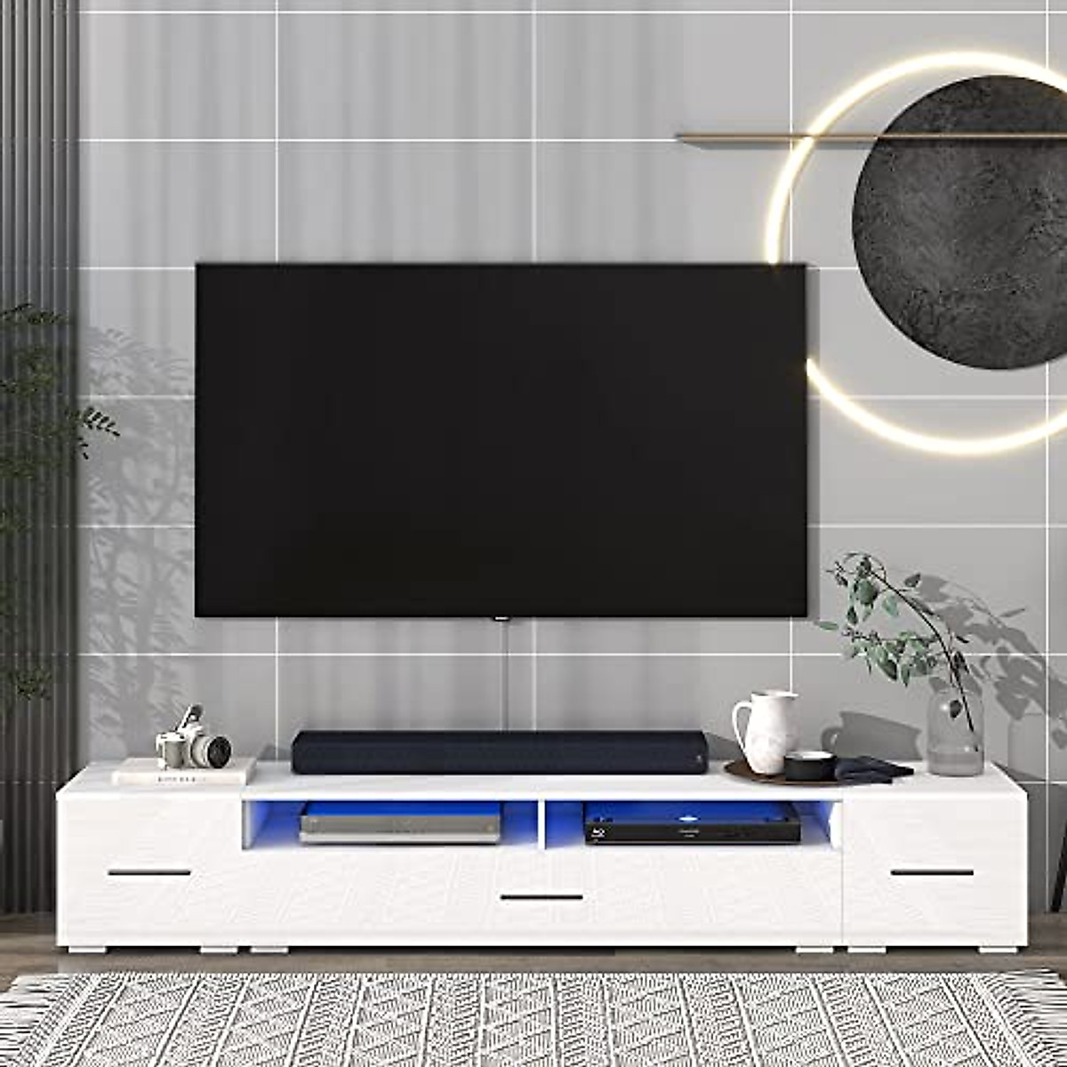 BAMACAR LED TV Stand for 90 Inch TV, LED Entertainment Center for 85 80 75 Inch TV Stand White, 70 80 85 90 Inch TV Stand with LED Lights, Modern TV Stand with Storage, Large TV Stand for Living Room