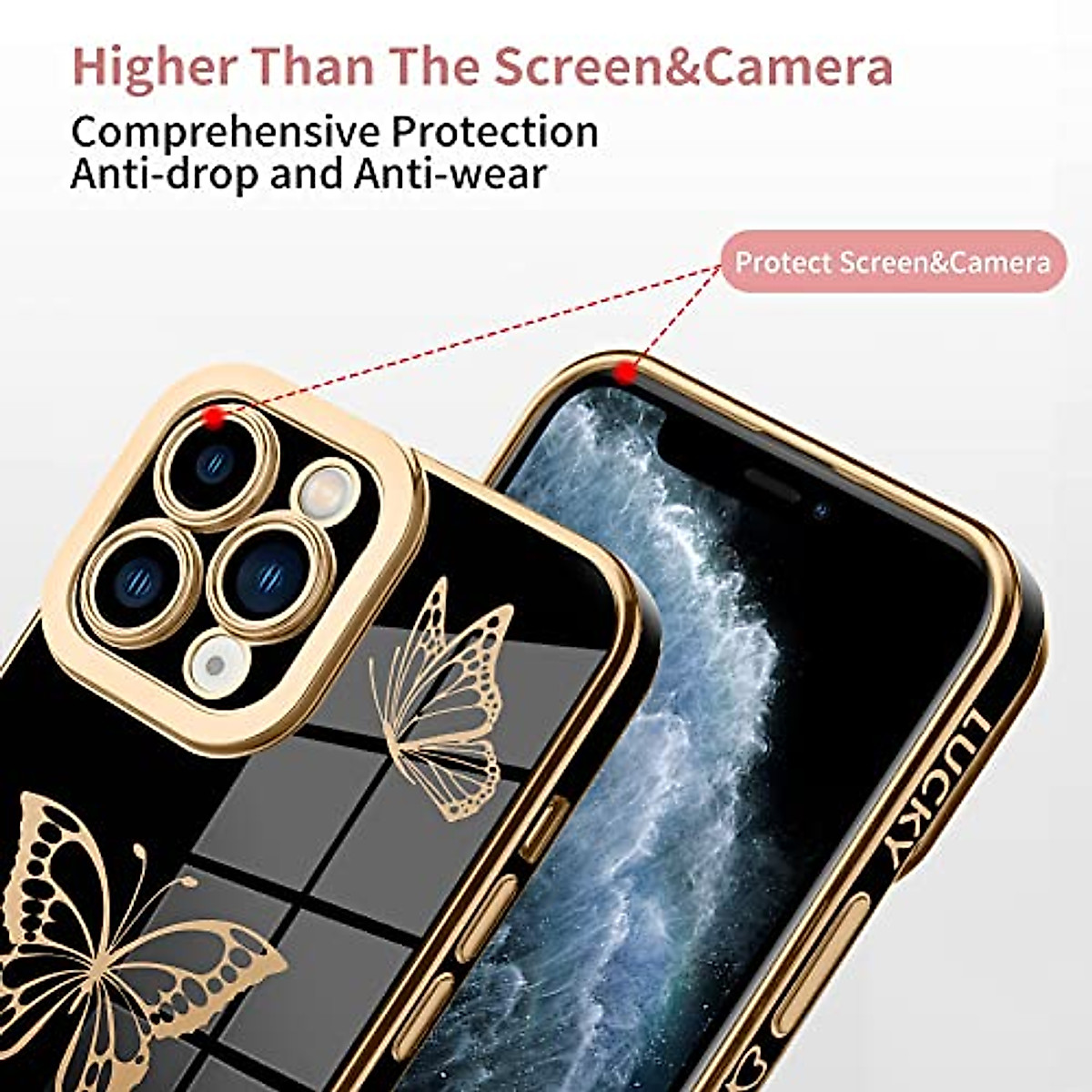 BITOBE Designed for iPhone 11 Pro Case Cute Butterflies Design for Women Girls,Luxury Plating Edge Bumper Full Camera Lens Protection Cover with Screen Protector for iPhone 11 Pro 5.8“-Black