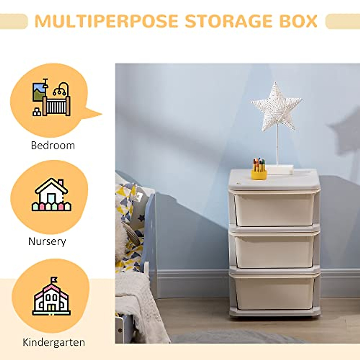 Qaba 3 Tier Kids Storage Unit Dresser Tower with Drawers Chest Toy Organizer for Bedroom Nursery Kindergarten Living Room for Boys Girls Toddlers, Cream White