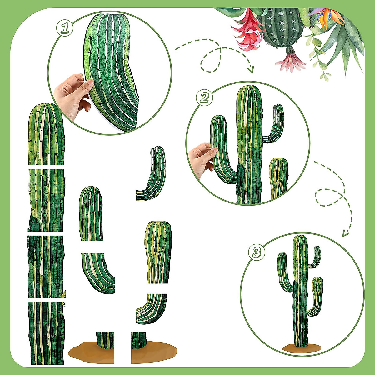 2 Pcs 6 Feet Large Boho Cactus Wall Decor Jointed Cactus Cutouts Wall Stickers Tropical Cacti Wall Decals Stickers Bohemian Green Botanical Cactus Decorations for Classroom Bedroom Cinco De Mayo