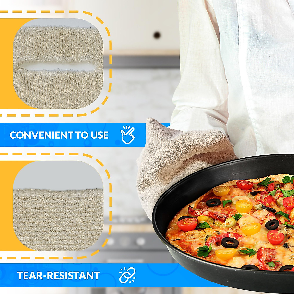 ABC Terry Cloth Pot Holders for Kitchen 9 x 12 Inch. Pack of 12 Natural Color Hot Pads for Kitchen. Washable Pot Holder with Hand Hole. Thick Cotton 460 F Heat Resistant Pot Holders