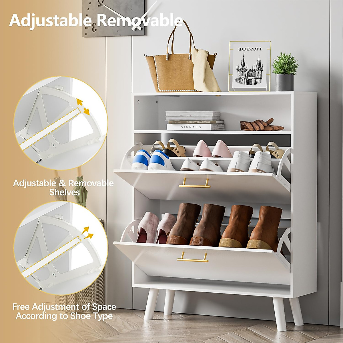 Wananlanen White Shoe Storage Cabient with 2 Flip Drawer, Narrow Freestanding White Shoe Organizer Cabinet, Modern Shoe Racks with Open Shelves for Entryway