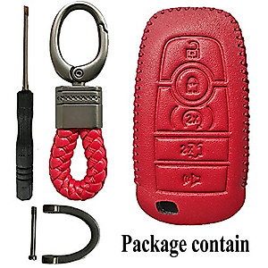 Hand Sewing Red Leather Key Cover Fob Case Protector Jacket Remote Bag For 2017 Ford Fusion F250 F350 F450 F550 Edge 2018 2019 2020 Explorer Expedition 2021 Lincoln Nautilus 5 Buttons Smart Key