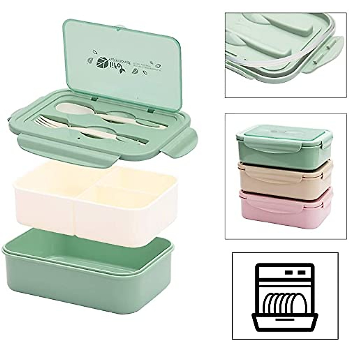 Bento Box, Lunch Box for Kids Adults, 3 Compartment Bento Lunch container, Food Storage Container Boxes, BPA Free On-the-Go Meal Prep Containers, Microwave/Dishwasher/Freezer Safe (Green)