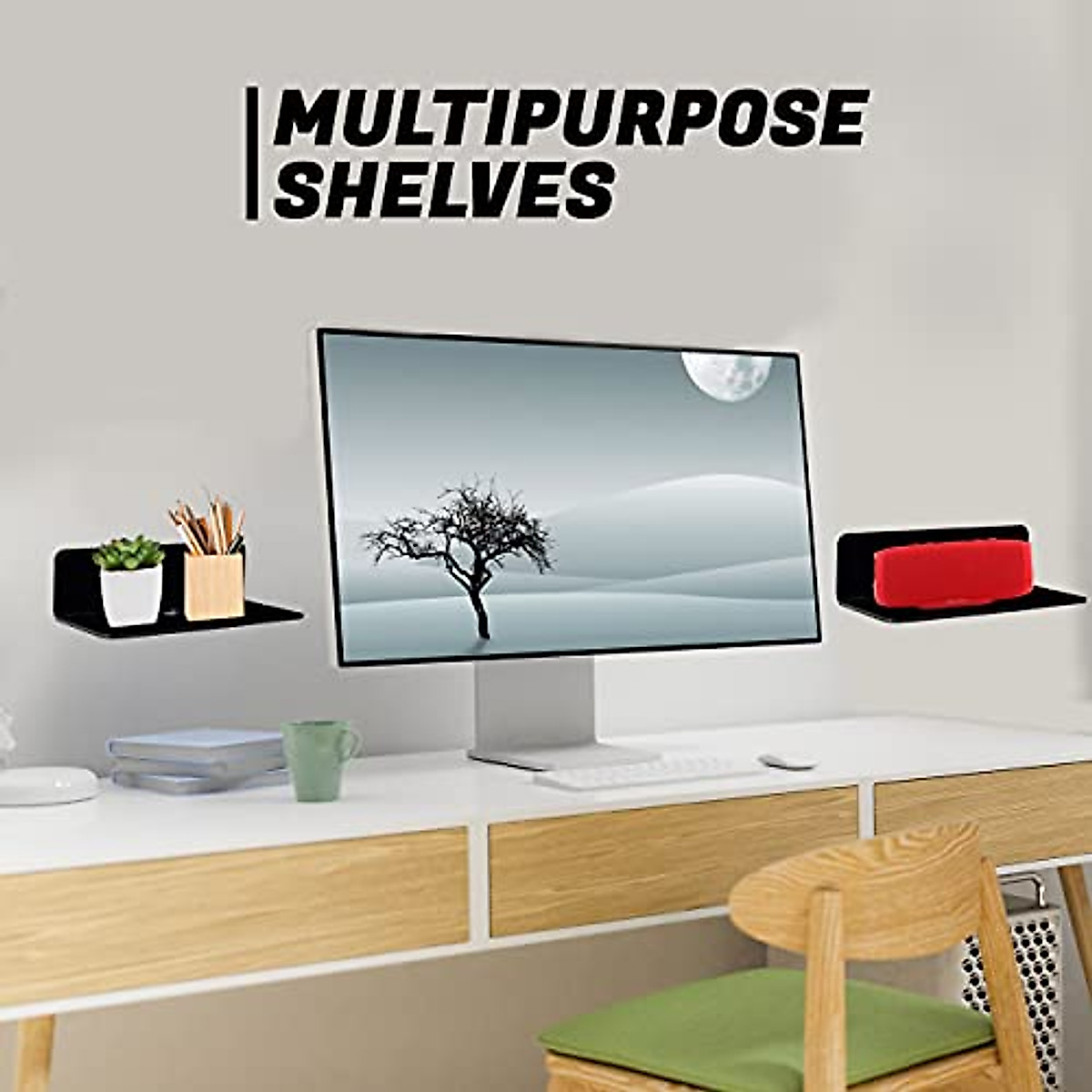 2 Pack - Acrylic Floating Wall Shelves | Great for Bedroom, Kitchen, Office or Bathroom | Great Bedside Shelf for Phone | No Drill or Tools Required