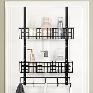 NEX Over The Door Hooks Organizer Hanger, Coat Hooks Towel Rack with 2 Mesh Basket 5 Hooks Hanging Storage Spice Rack Rustproof for Bathroom Bedroom Kitchen Back of Door Storage Shelves, Black