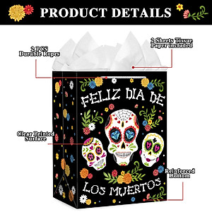 JUESMOS Day of The Dead Gift Bags with Tissue Paper Halloween Treat Bags Sugar Skull Day of The Dead Party Paper Bags Goodie Bags for Day of The Dead Party Favors Decorations Mexican Fiesta Supplies
