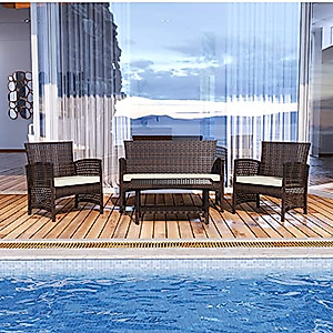 IDS Online MLM-16403-W 1 Loveseat 2 Single Chairs Cushion, Leisure Glass Top Coffee Table for Garden Lawn Poolside Backyard 4 Piece Rattan Pattio Outdoor Furniture Wicker Conversation Set, Brown-White