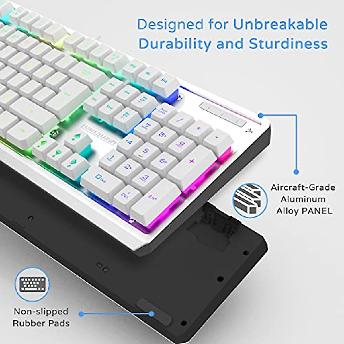 Lumsburry White Gaming Keyboard, Rainbow LED Backlit,19 Anti-ghosting Keys, USB Wired, Metal Panel, Ergonomic 104 Keys, Multimedia Control, Water-Resistant, Full Size, for Windows PC Mac Office Gamer