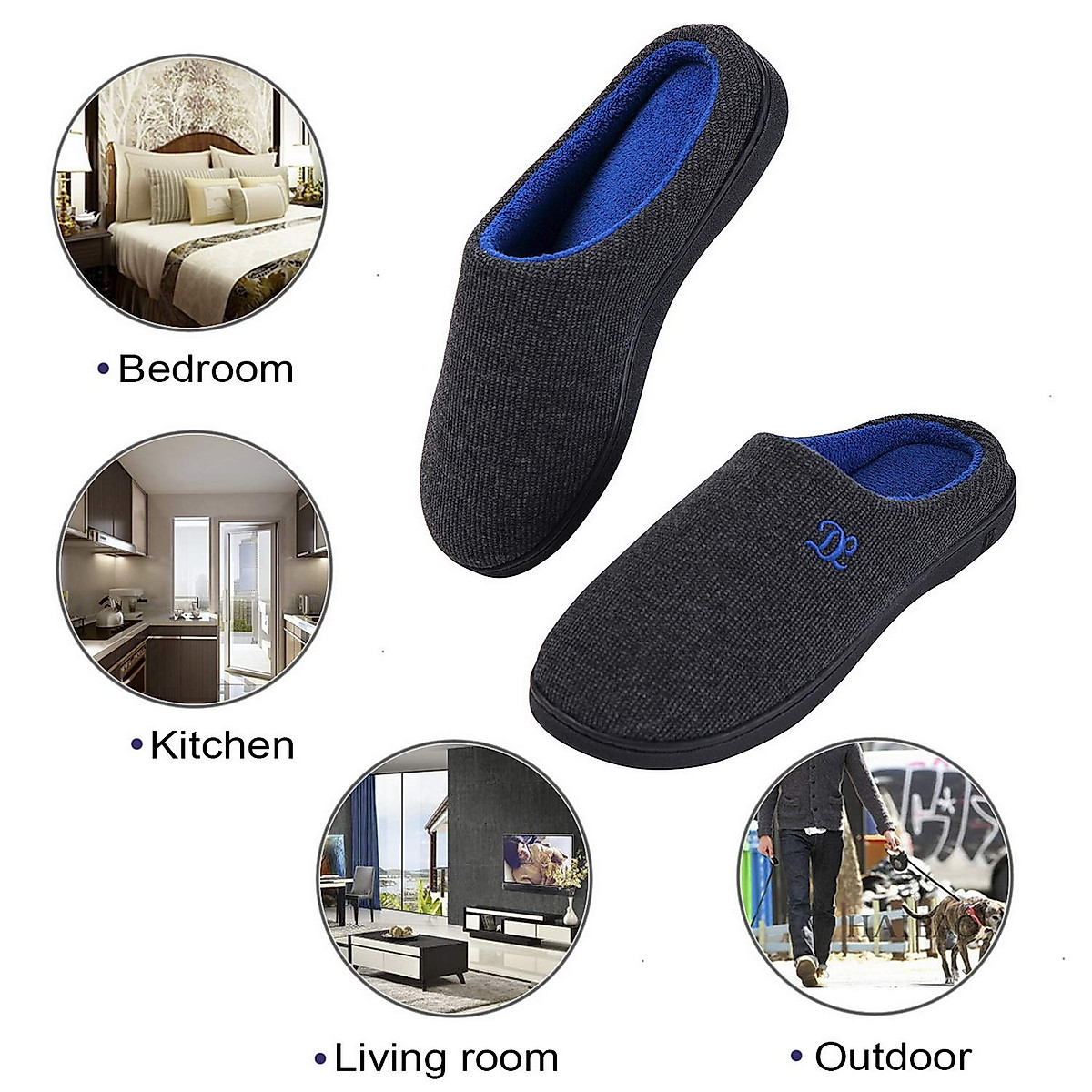 DL Mens Memory Foam Slippers Slip on, Comfy House Slippers For Mens Indoor Outdoor, Cozy Men's Bedroom Slippers Warm Soft Flannel Lining Closed Toe Man Slippers Size 11-12 Gray Blue