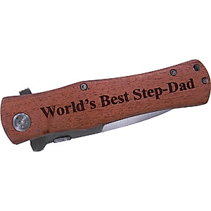 World's Best Step-Dad Folding Pocket Knife with Pocket Clip - (Wood Handle)