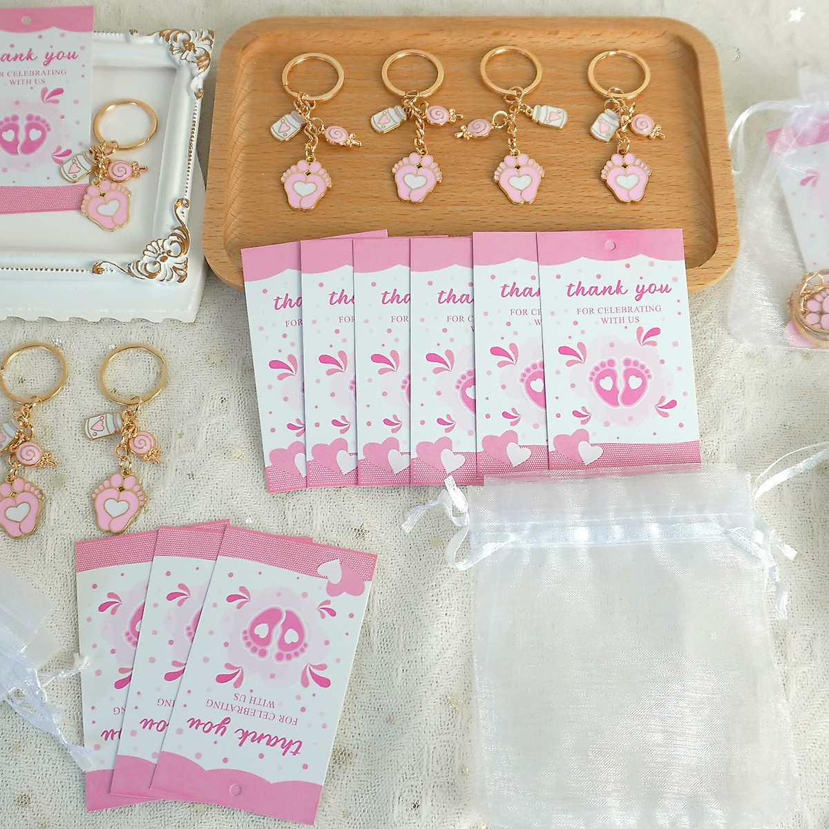 BUYWUMORE 12 Sets Baby Shower Favors Pink Footprint Keychains Gifts with Bottle Lollipop White Organza Bags and Thank You Tags for It's a Girl Decorations Baby Shower Party Supplies (PINK)