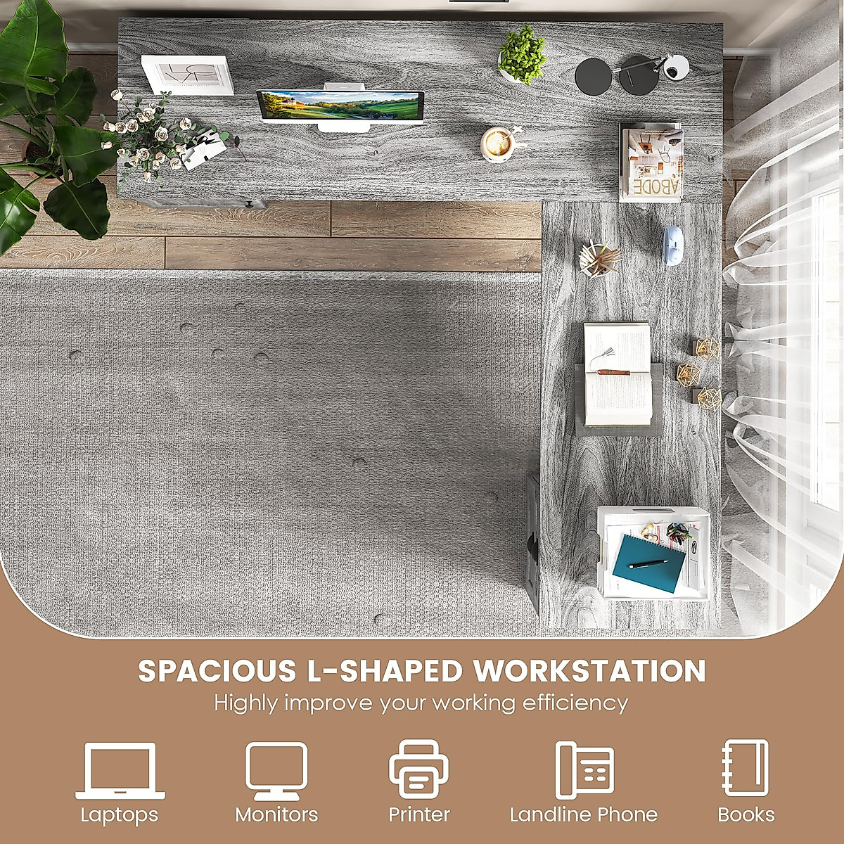 GOFLAME 66 Inch L-Shaped Computer Desk, Spacious Corner Desk w/Drawers, Cabinet & Keyboard Tray, Executive Office Desk, Study Gaming Workstation for Home Office (Gray)