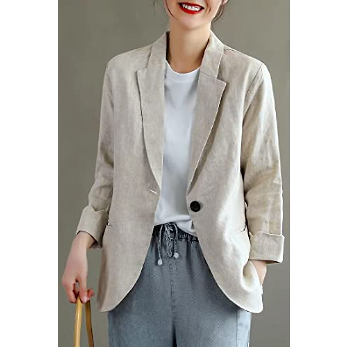 Linen Blazer Women Linen Jackets Casual Spring Summer Blazers Lightweight Clothes (Beige Blazer, M)