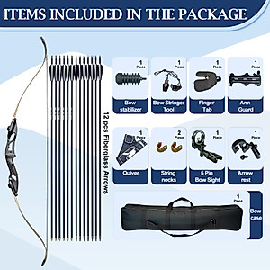 D&Q Recurve Bows for Adults Hunting Black Hunter Longbow Takedown 30-50lbs Bow and Arrow Set Right Handed Archery Archery with Bow Case Stringer Arrow Target Practice (Black 50lbs)