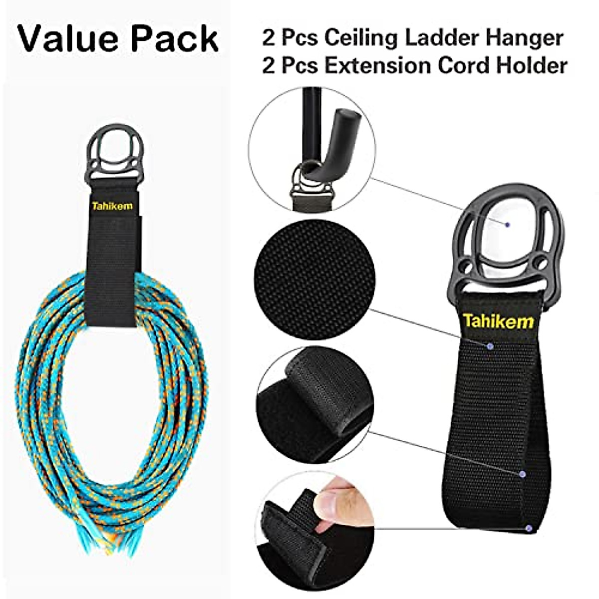 Tahikem 2 Set Overhead Garage Storage Rack, Heavy Duty Overhead Storage Double Hook, Ceiling Hanger Safe Racks, Hanging for Lumber Ladder Storage & Other Bulky Items (Pack of 2 - Black)