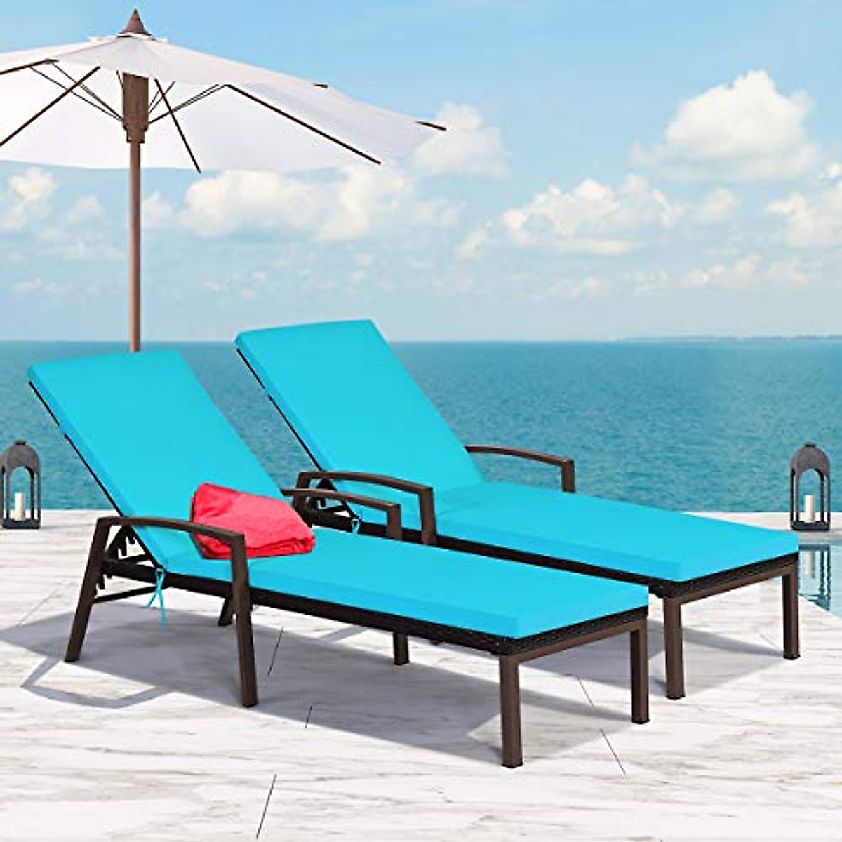 Tangkula 2 PCS Patio Rattan Chaise Lounge Chair, Outdoor Reclining Chaise with Cushion and Armrest, Wicker Sun Lounger with Adjustable Backrest for Garden, Balcony, Poolside (Turquoise)